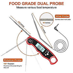 COMSOON Digital Meat Thermometer, Instant Read Cooking Thermometer with Dual Probe, Kitchen Food Thermometer with Alarm Setting, Backlight & Magnet for BBQ Grill Smoker Oven Oil Candy-Red