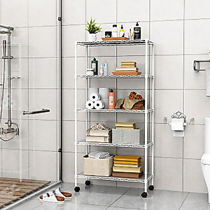 pouseayar Wire Shelving Unit 5 Tier NSF Metal Shelf, 750lbs Capacity Adjustable Storage Rack with Wheels & Shelf Liners for Garage Kitchen Office Bathroom, 60" H x 30" L x 14" D - White Set of 2