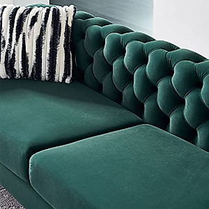 Akrenar Modern Sofa Couches for Living Room, 84 Inches Velvet Button Tufted Couch Upholstered Sofa with 2 Pillows and Metal Legs Decor Furniture for Bedroom, Office (Green)
