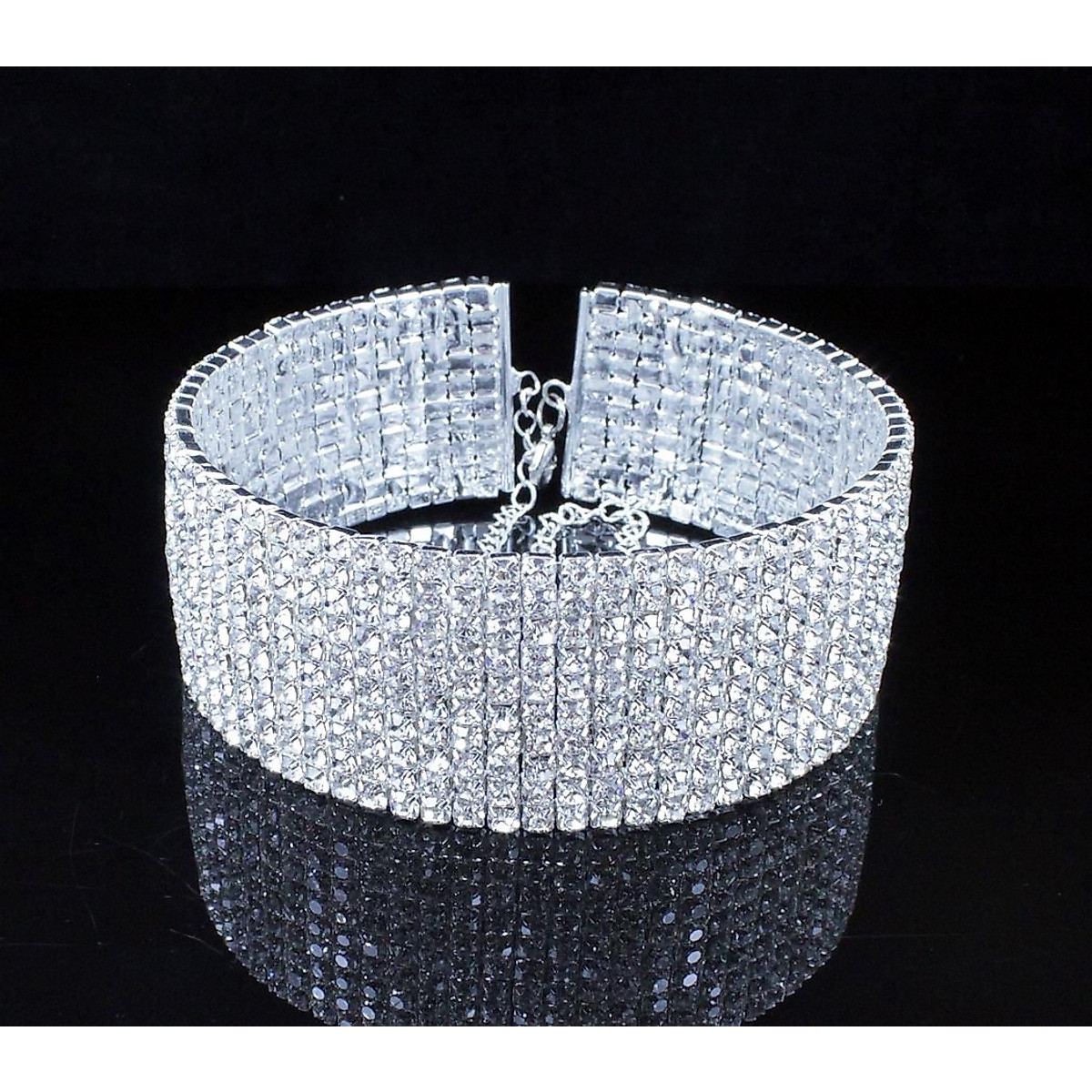 10-Row Clear Austrian Crystal Rhinestone Choker Necklace Silver Party WED N088 (10 Row Silver)