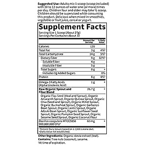 Garden of Life Fiber Supplement, Raw Organic Fiber Powder - 30 Servings, 15 Organic Superfoods, Probiotics and Omega-3 ALA, 4g Soluble Fiber, 5g Insoluble Fiber for Regularity, Psyllium Free Fiber