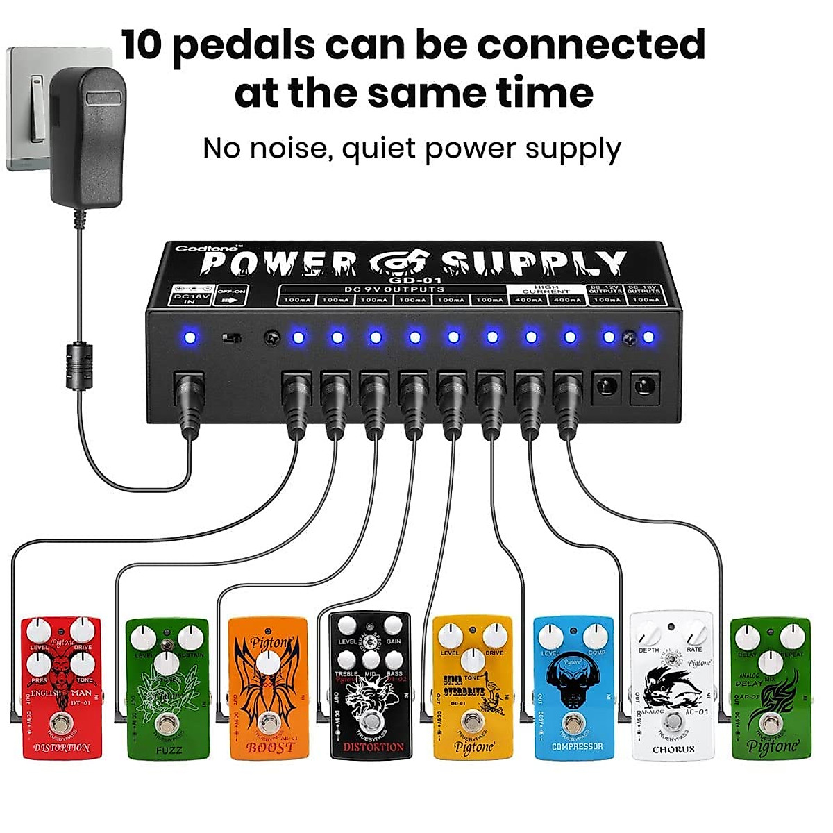 Guitar Effect Pedal Power Supply 10 DC Output for 9V 12V 18V Pedals with Short Circuit Overcurrent Protection Separate GD-01