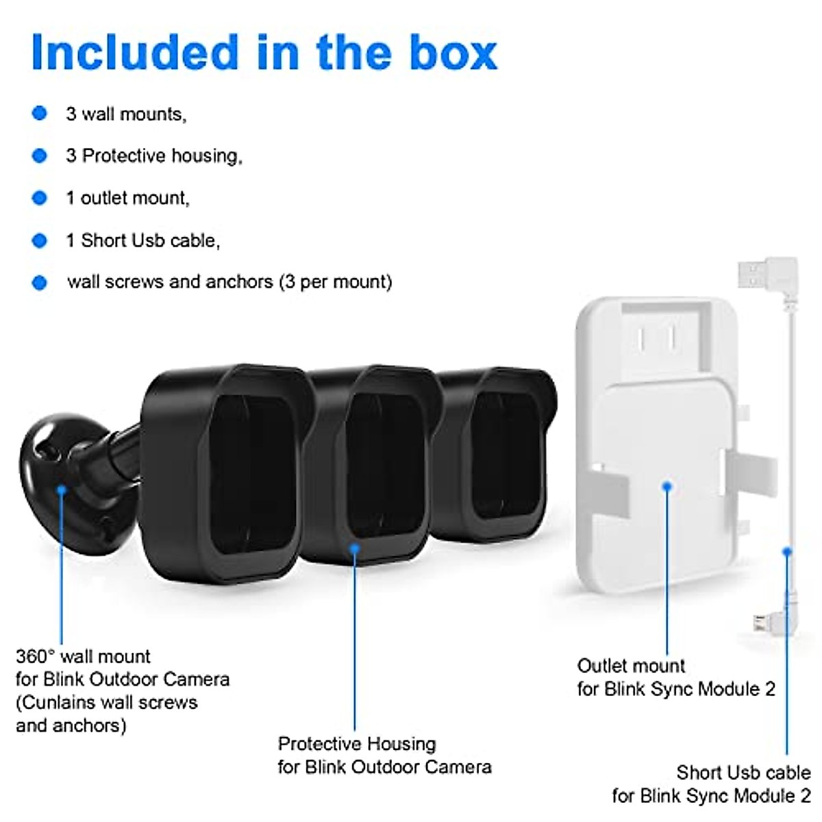 All-New Blink Outdoor Camera Wall Mount, Weatherproof Protective Housing and 360 Degree Adjustable Mount with Blink Sync Module 2 Mount for Blink Outdoor Security Camera System (Black 3Pack)