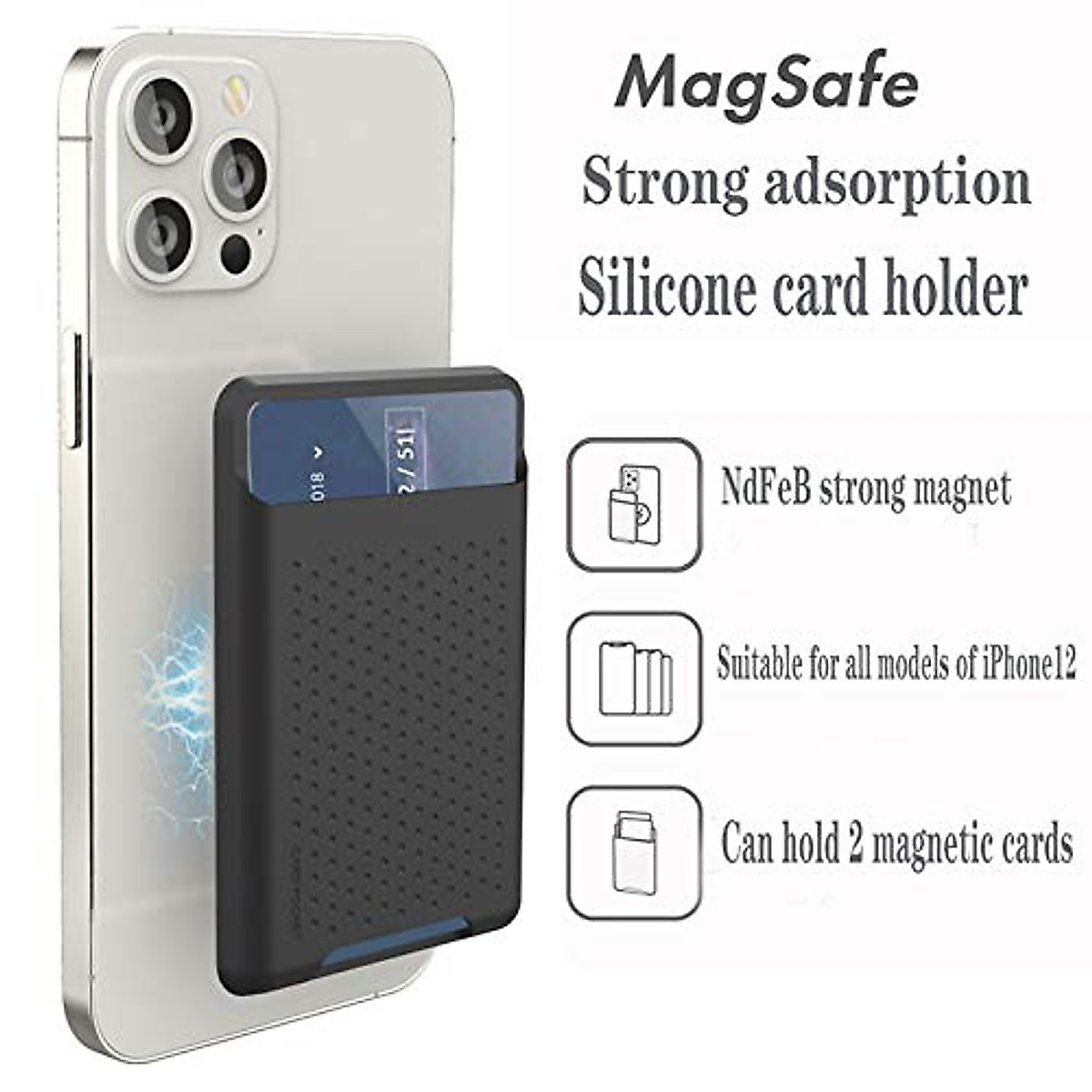 BIAJIYA Card Holder for Back of Phone for MagSafe Magnetic Silicone Wallet Compatible with iPhone 14/13/12/12 Pro/ 12 Mini/ 12 Pro Max Black