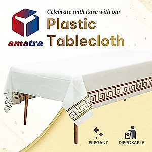 Amatra Disposable Table Cloth, Waterproof Table Cover, Classy Plastic Table Cloth, Rectangle Tablecloth, White Table Cloth with Gold Versa Margin, 140 g Plastic Table Cover, 54x108 inches, Pack of 4