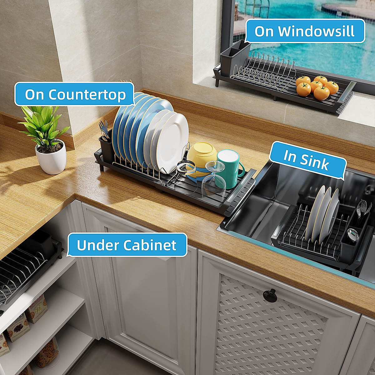 PETXPERT Dish Drying Rack, Expandable Dish Rack for Kitchen Counter with Utensil Holder, Stainless Steel Small Dish Drainer Organizer with Drainboard for Kitchen in Sink (Black)