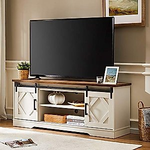 WAMPAT Farmhouse Sliding Barn Door TV Stand for TVs Up to 65 inch, Modern Storage Entertainment Center, Wood Media Console Table Cabinet 3-Level Adjustable Shelf for Living Room, White/Oak