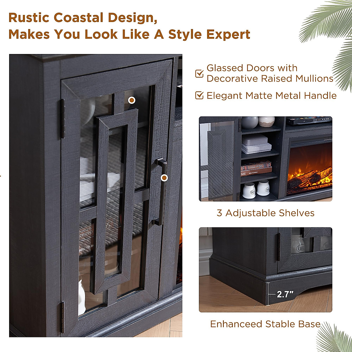 JXQTLINGMU Fireplace TV Stand with 36" Electric Fireplace for 80 Inch TV, Farmhouse 32" Tall Highboy Entertainment Center w/6 Shelves, Modern Media Console w/Storage for Living Room, Black