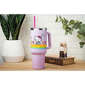 Silver Buffalo Sanrio Hello Kitty Spring and Summer Flowers Rainbow Stripes Stainless Steel Tumbler with Handle and Straw, Fits in Standard Cup Holder, 40 Ounces