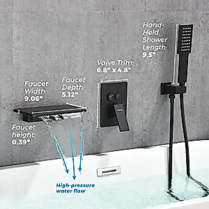 VANFOXLE Push-Button Waterfall Bathtub Faucet Set with Sprayer, Shower System Matte Black Shower Faucets Sets Complete, Single Handle Brass Tub Shower Faucet Set