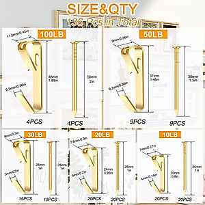 Picture Hanging Kit, 136 Pcs 5 Sizes Picture Hangers Hook Kit Including 10/20/30/50/100 LB, Heavy Duty Hangers Hardware kit with Nails for Picture Frame, Canvas, Mirror Hanging Decoration
