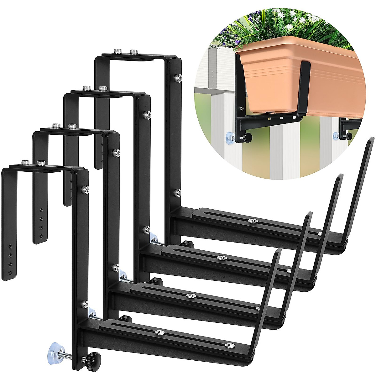 VOXOR Window Box Brackets, Adjustable Planter Box Brackets, Heavy Duty Iron Flower Box Brackets for Railings, with Enhanced Bottom Support - Perfect for Balconies, Fences, and Gardens (4 Pack)