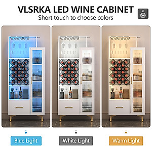 Vlsrka LED Liquor Wine Cabinet, Wine Bar Cabinet with USB Port, Bar Cabinets for 18 Bottle Wine Rack and 3 Glass Holder, Tall Sideboard Buffet Storage Cabinet for Living, Dining Room, White