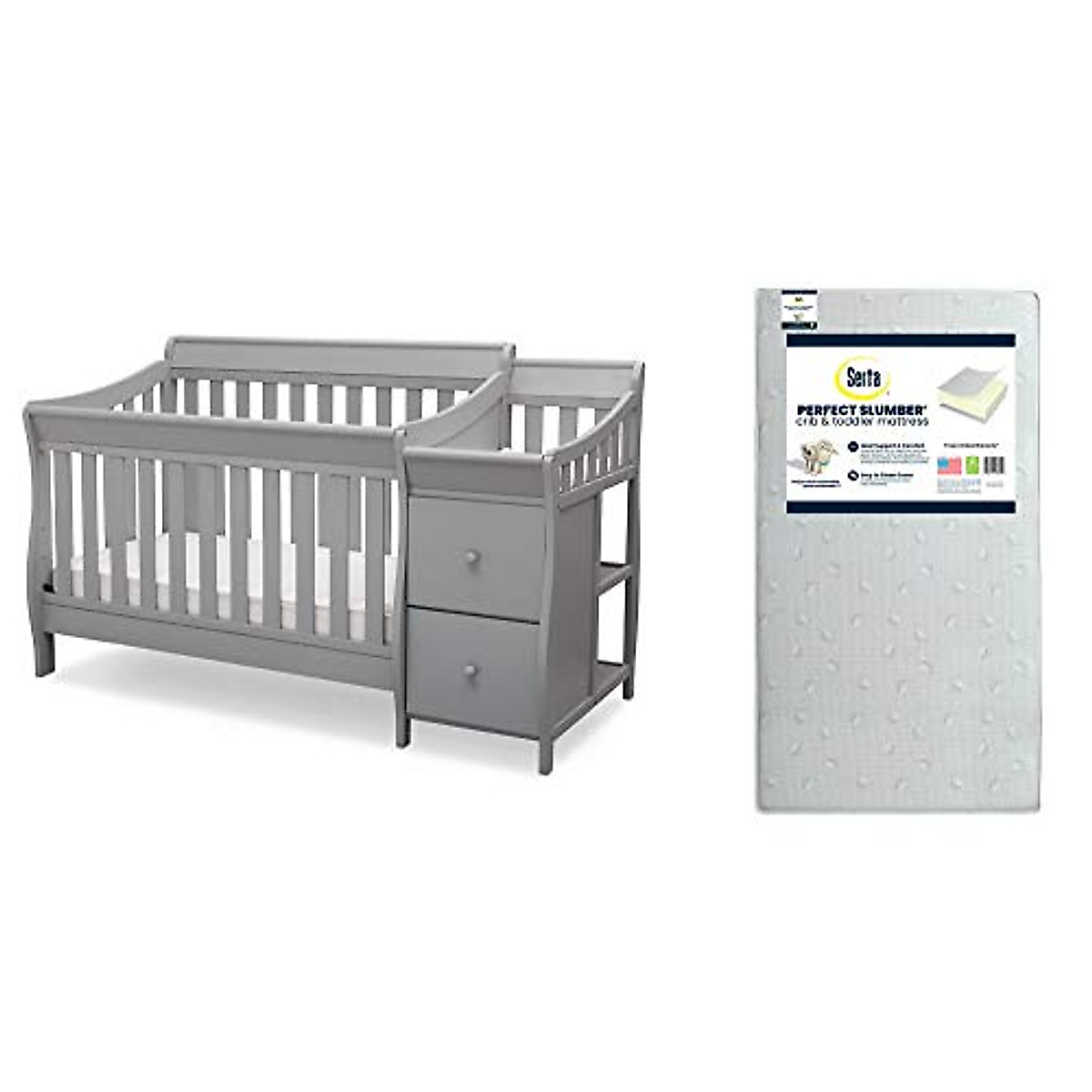 Delta Children Bentley S Convertible Crib N Changer, Grey + Serta Perfect Slumber Dual Sided Recycled Fiber Core Crib and Toddler Mattress (Bundle)