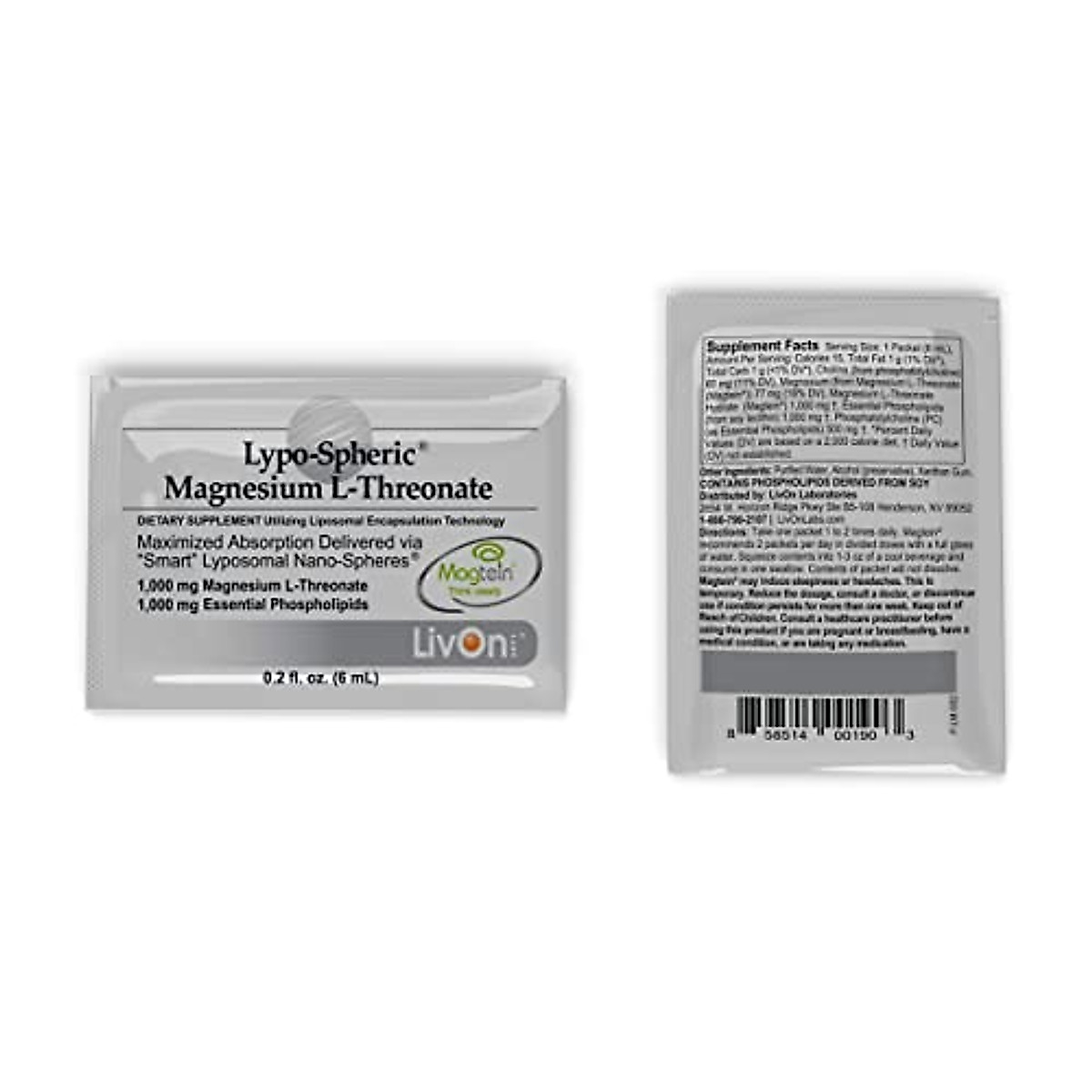 Lypo–Spheric Magnesium L–Threonate – 30 Packets – 1,000 mg Magnesium Per Packet – Liposome Encapsulated for Improved Absorption – Professionally Formulated & 100% Non–GMO