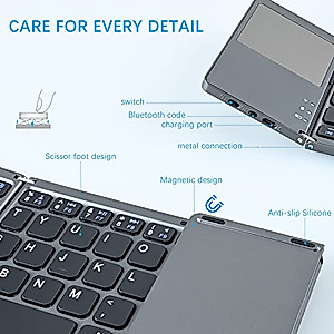 JPHTEK Foldable Bluetooth Keyboard with Touchpad, Portable Wireless Keyboards, Rechargeable Full Size Ultra Slim Pocket Folding Keyboards for Android Windows iOS Tablet & Laptop Gray