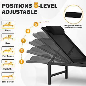 WOAJNQO Chaise Lounge Chair Outdoor,Aluminum Patio Lounge Chairs Set of 2, Adjustable 5-Position Recliner and Full Flat Tanning Chair with Pillow for Pool, Outside,Beach,Black