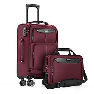 SHOWKOO Carry-on Luggage 2 Piece Softside Lightweight Durable Suitcase with Bag Tote Double Spinner Wheels TSA Lock Wine Red 20-inch