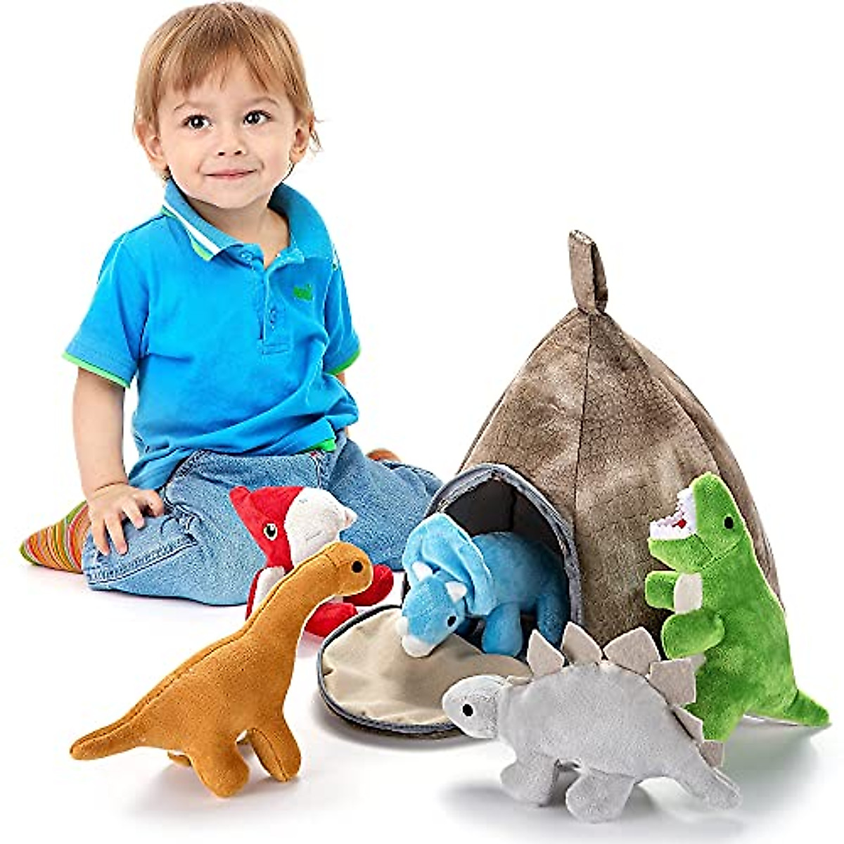 PASSIONFRUIT Stuffed Toy Dinosaur Animal Set – Set of 5 Dino Stuff Toy for Toddlers – with Volcano Zipper Carry Bag – Bright & Vibrant Plush Toy Set – Stuffed Dinosaur Toy for Kids –Easy to Carry