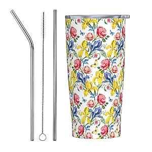 Yaxongx 20oz Tumbler Rose Printing Double Wall Vacuum Insulated Coffee Mug with Lid and Metal Straw Brush Reusable Stainless Steel Water Bottle Travel Cup Gifts for Car Ice Drinks Hot Beverage