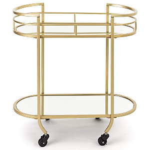 Displays2go Champagne Gold Drinks Trolley, Mirrored Glass Decks, Four Casters - Satin Finish (FSBEVCART5)