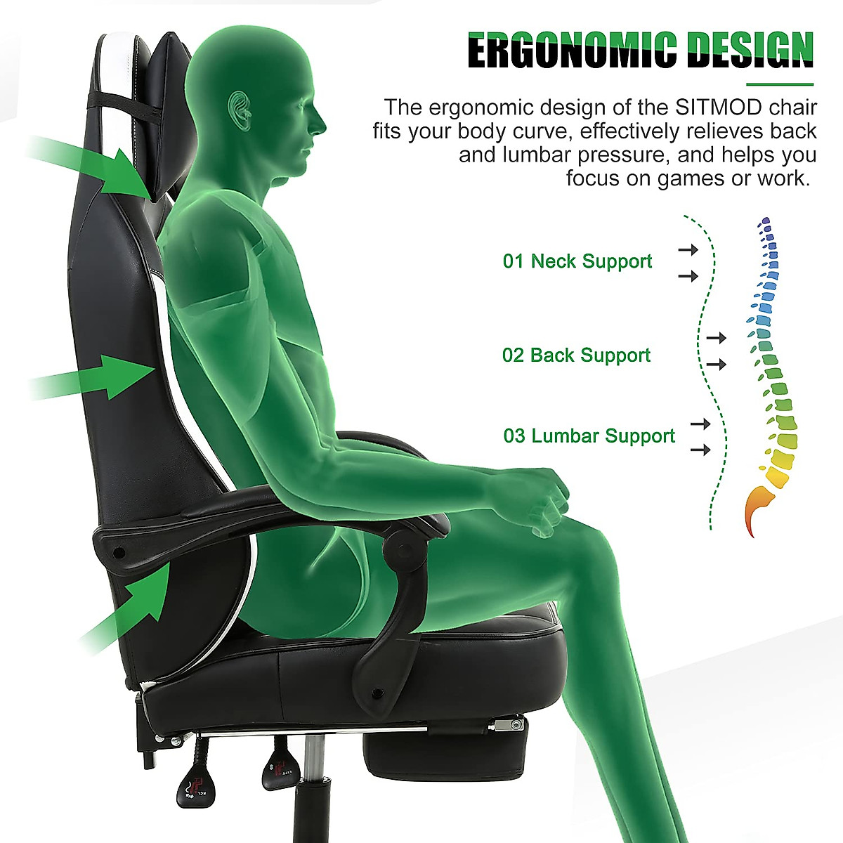 SITMOD Gaming Chair with Footrest-PC Computer Ergonomic Video Game Chair-Backrest and Seat Height Adjustable Swivel Task Chair for Adults with Headrest and Lumbar Support(Black-White)-PU Leather