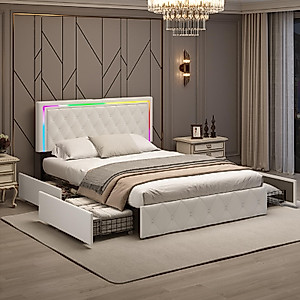 Queen Bed Frame with Storage, Queen Bed Frame with 4 Drawers on Wheels and Fast Charging Station, White Queen Bed Frame Adjustable LED Headboard, Velvet Upholstered, Solid Wooden Slats, Easy Assembly