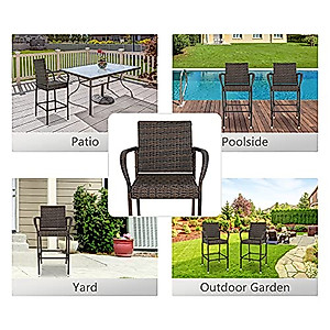 ZENY Set of 2 Wicker Barstool All Weather Dining Chairs Outdoor Patio Furniture Wicker Chairs Bar Stool with Armrest