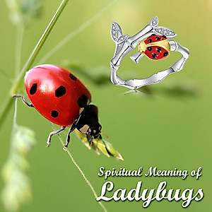 JZWUYAN Silver Ladybug Bamboo Leaves Ring - 925 Sterling Silver Cute Ladybug with Bamboo Leaf Jewelry for Women, Red Ladybug Animal on The Bamboo Adjustable Rings Gifts for Her