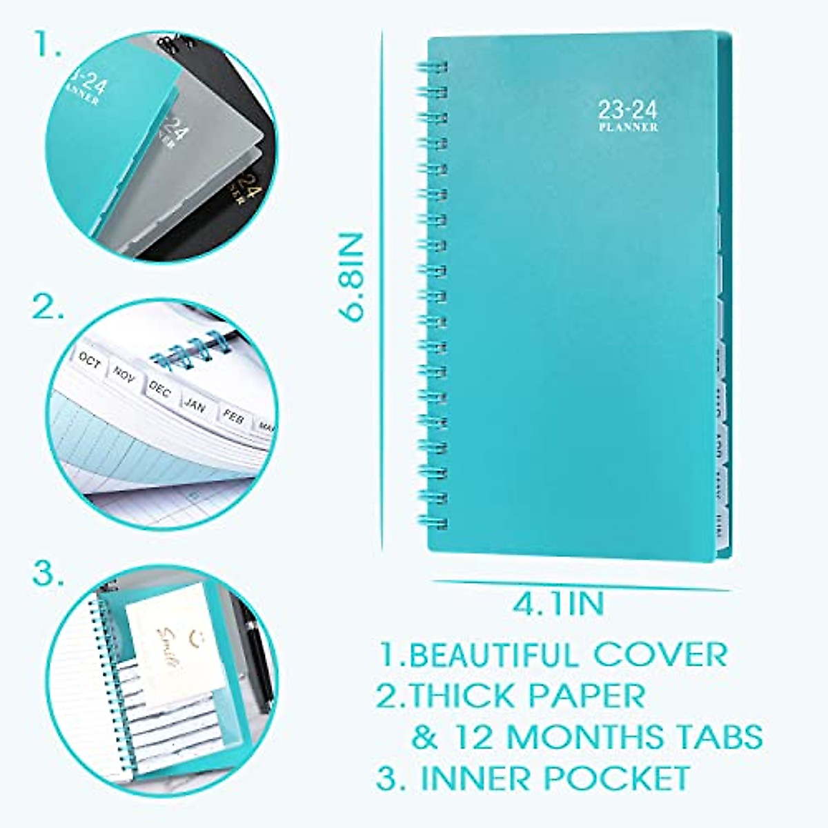 2023-2024 Pocket Planner/Calendar - Weekly & Monthly Pocket Planner, JULY 2023 - JUNE 2024, 6.8" x 4.3", Strong Twin - Wire Binding, Plastic Cover, Round Corner