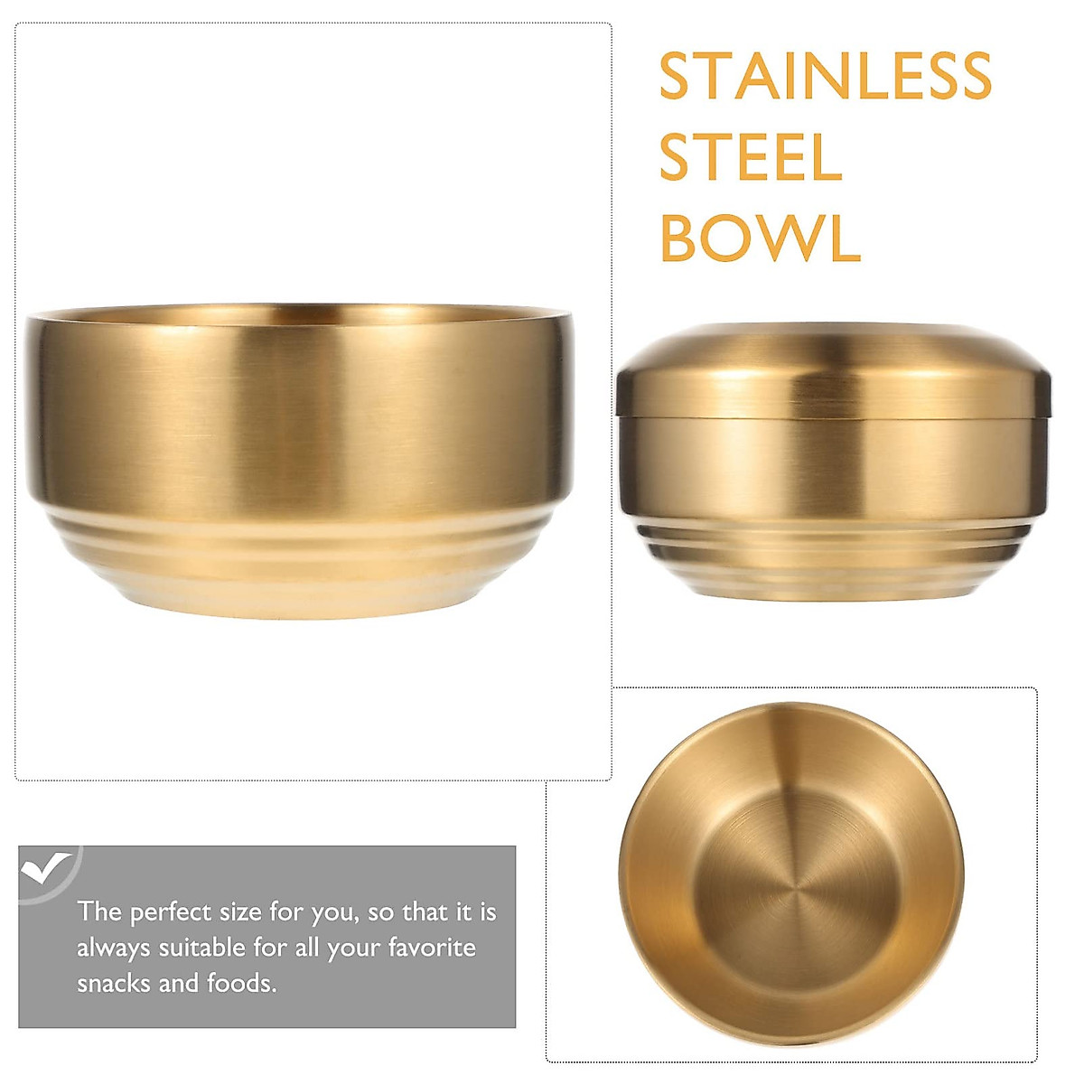 YARNOW Rice Washing Bowl Stainless Steel Rice Bowl with Lid, Vacuum Insulated Bowl with Lid, Double Layer Bowl with Lid, for Rice Soup Noodles Cereal (4.5 x 2.9 Inch, Golden) Rice Bowls
