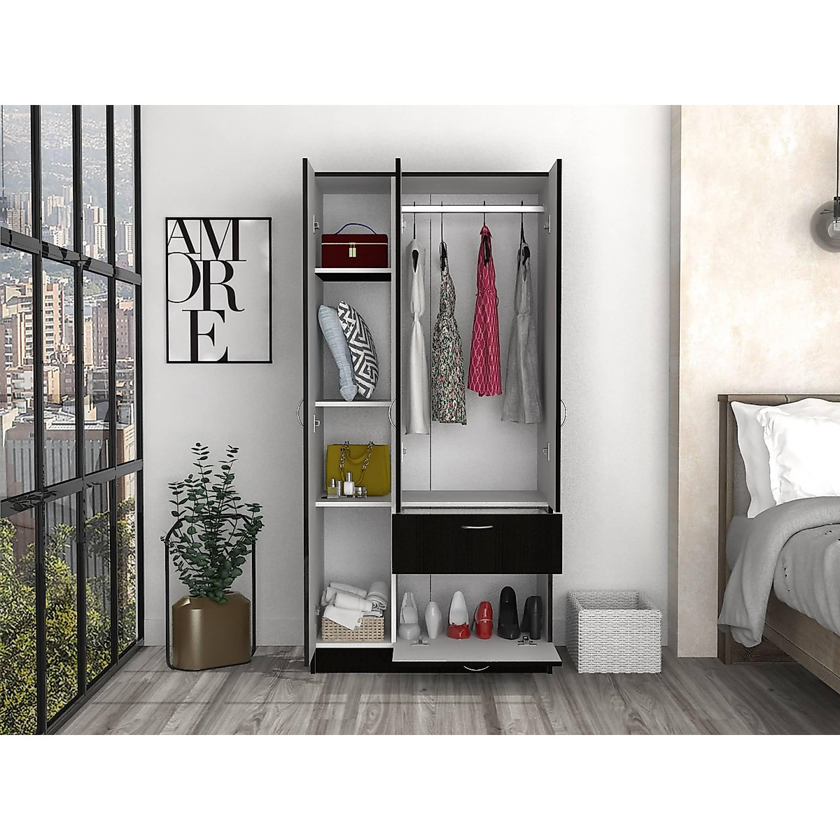 Homxi Armoire,Double Door Cabinets,One Drawer,Metal Rod,Five Shelves -Black White Armoire Wardrobe for Bedroom