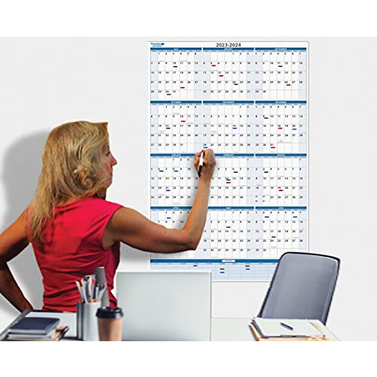 PlanetSafe Calendars Vertical Sky Blue July 2023 to June 2024 Fiscal/Academic Year 12 Month Wall Calendar 36 x 24- Large Dry & Wet Erasable with Next Year Planner -Great for Office & Projects