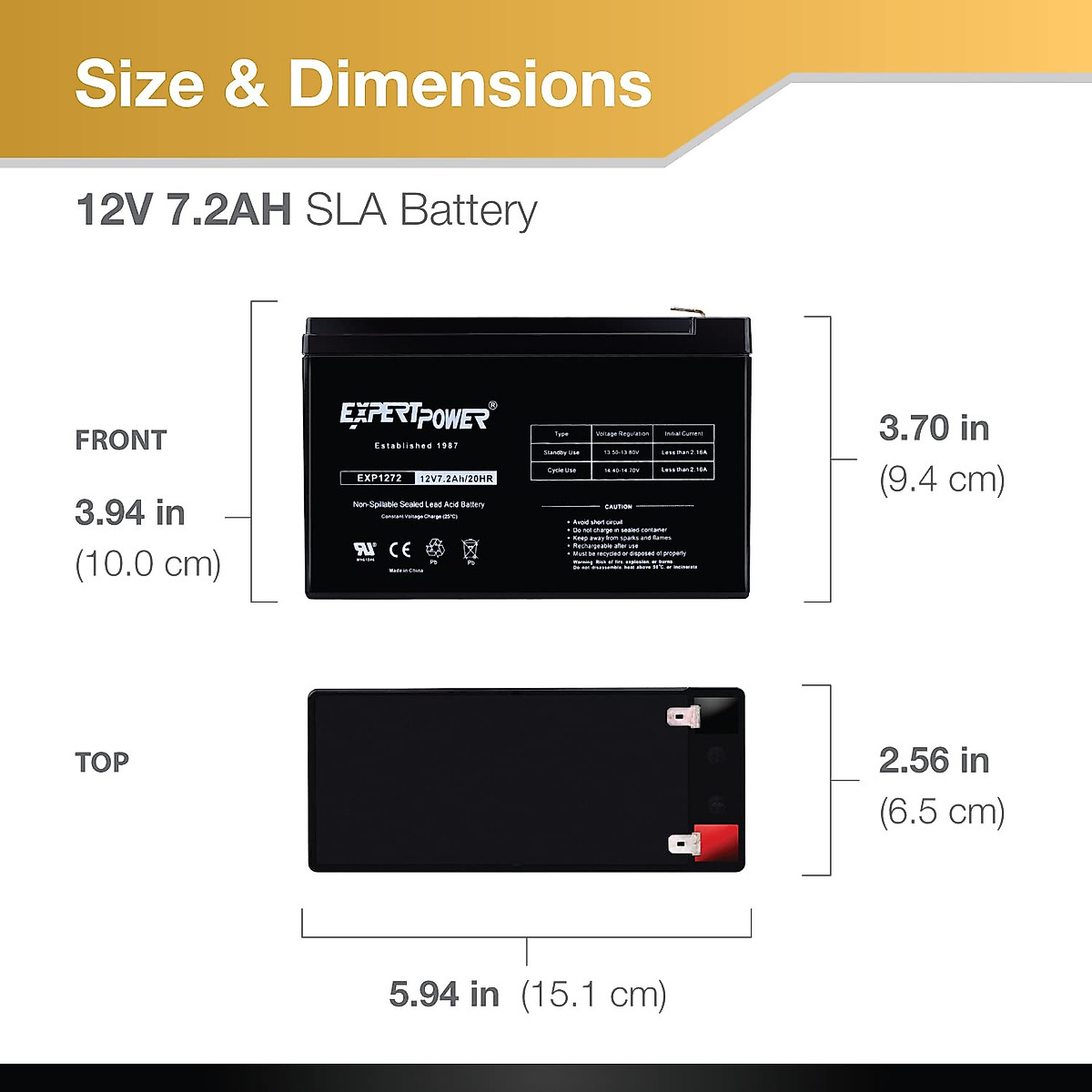 ExpertPower® 12V 7.2AH Sealed Lead Acid (SLA) Rechargeable Battery for Security Alarm System With F2 Terminals || EXP1272