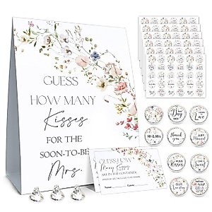 How Many Kisses Bridal Shower Games, How Many Kisses Standing Sign 50 Guessing Cards 180 Bridal Shower Kisses Stickers, How Many Kisses Flowers Bridal Shower Game Set for Bridal Shower and Weddings