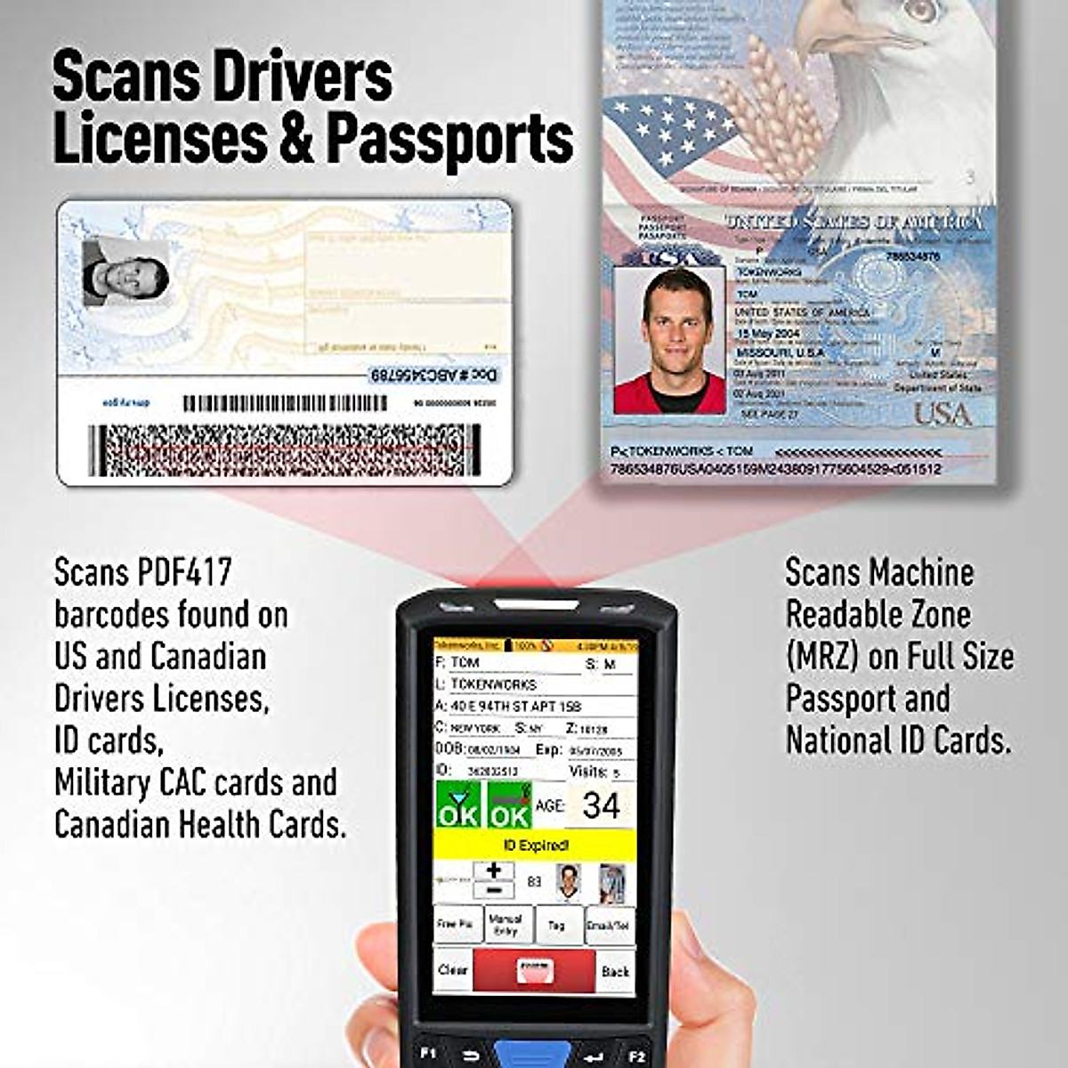 IDVisor Smart V2 ID Scanner - Drivers License and Passport Age Verification & Customer Management + Charger Cradle, Hand Strap & More.
