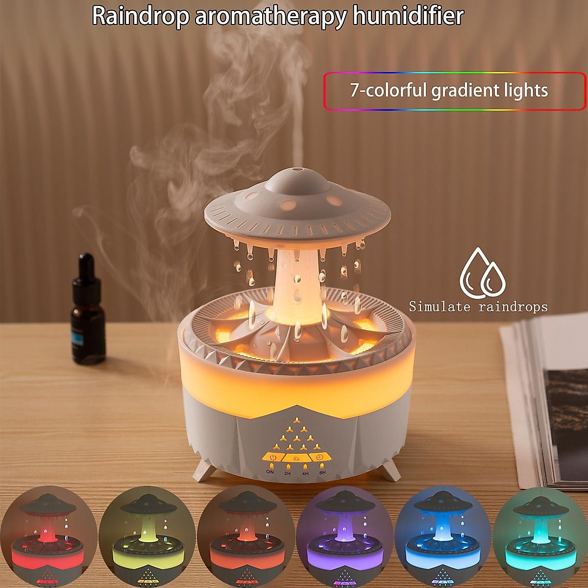 Raindrop Humidifier for Bedroom Large Room -Air Humidifiers and Aromatherapy Diffuser,Ultrasonic humidifier,Quiet humidifier with Ambient Light & 4 Timer,Waterless Auto Off (No Remote Control)