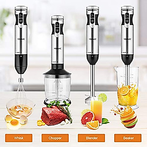 YISSVIC Immersion Hand Blender, 4 in 1 9 Speed Stick Blender with 500ml Food Grinder 700ml Container Chopper Whisk Puree Infant Food, Smoothies, Sauces Soups (1000W 4 In 1 Silver)