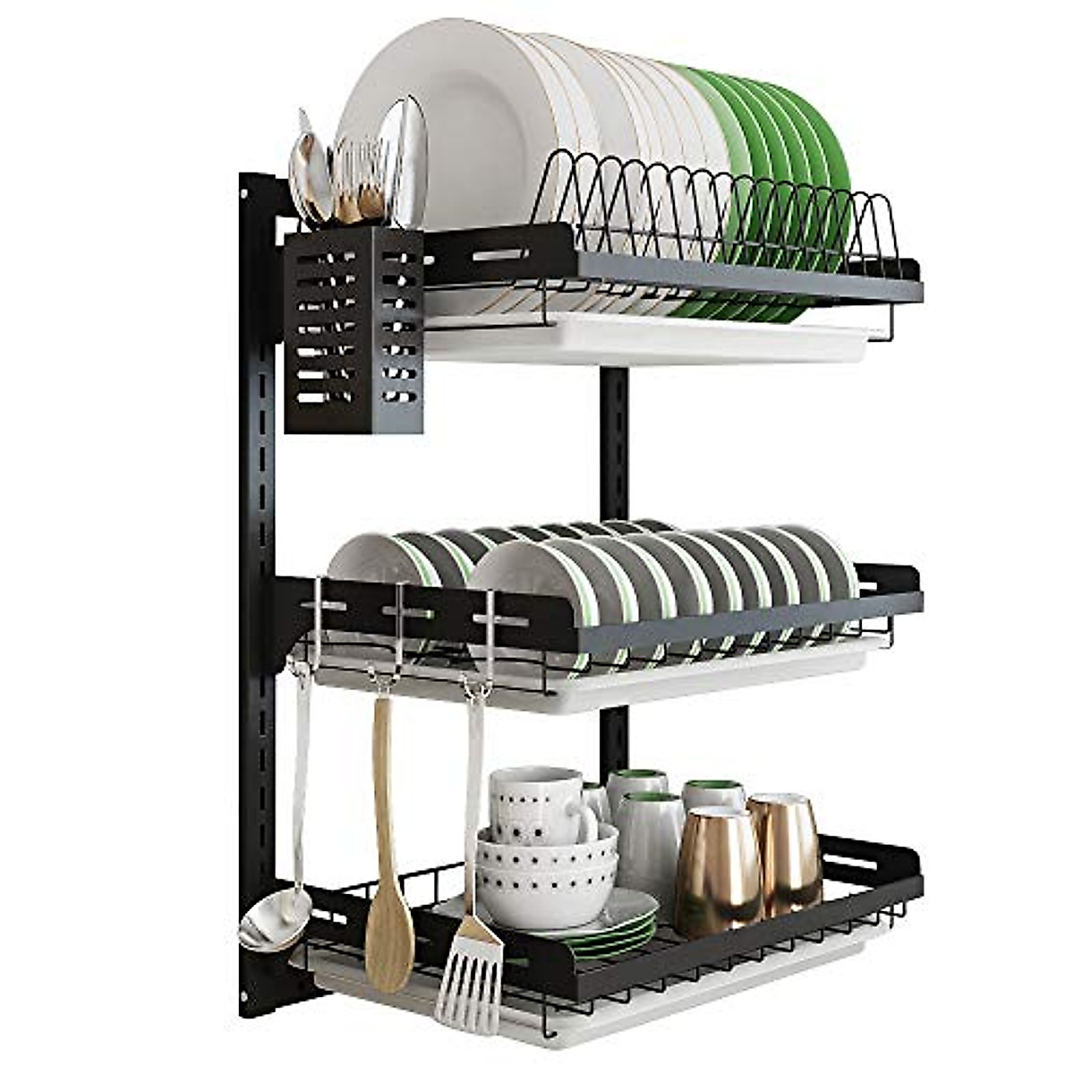 junyuan Hanging Dish Drying Rack Wall Mount,Dish Racks Drainer,3 Tier Kitchen Plate Organizer Storage Shelf with Drain Tray with 3 Hooks,Stainless Steel Black Coating (3 Tier, 21.8)