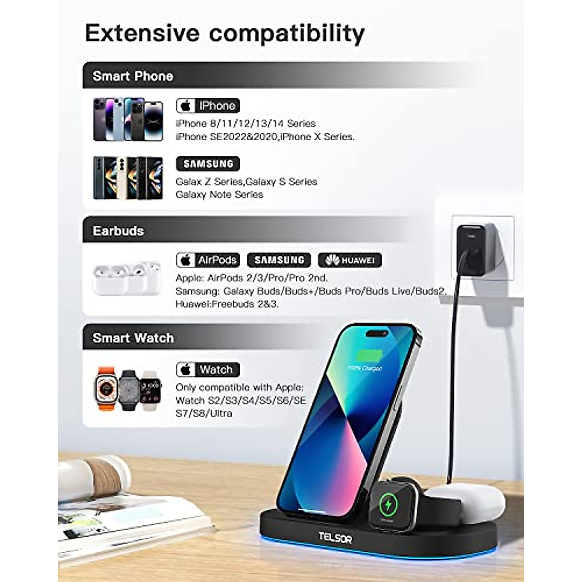 Wireless Charging Station, TELSOR 3 in 1 Foldable Wireless Charger, 18W Fast Wireless Charging Station for iPhone14/13/12/11/Pro/Max/XS, iWatch S8/7/6/5/4/3/2/SE, AirPods 3/2/Pro/Pro 2nd, Black