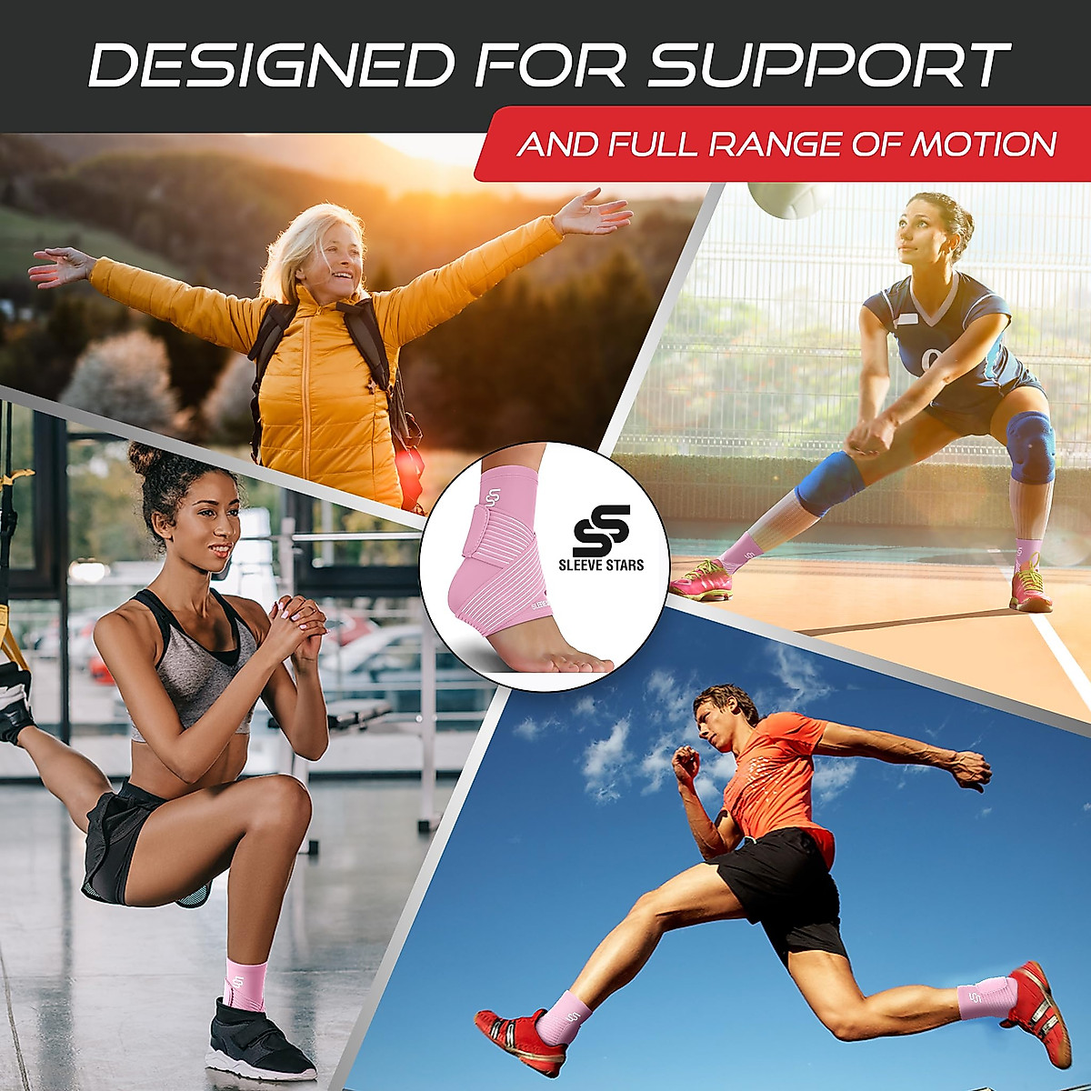 Sleeve Stars Ankle Brace for Sprained Ankle, Plantar Fasciitis Relief Ankle Support for Men and Women, Ankle Compression Sleeve w/ Strap (Single/Baby Pink)