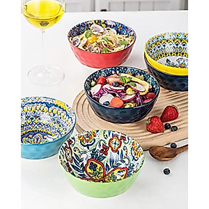 HENXFEN LEAD Ceramic Cereal, Soup Bowls Set of 6-25 Oz Deep Colorful Porcelain Serving Bowls for Dinner, Pasta, Salad, Oatmeal - Bohemian Style