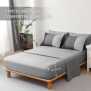 Grey Queen Comforter Set 7 Pieces, Ombre Striped Bed in a Bag Queen with Sheet Sheet, All Season Boho Patchwork Down Alternative Comforter Bedding Set