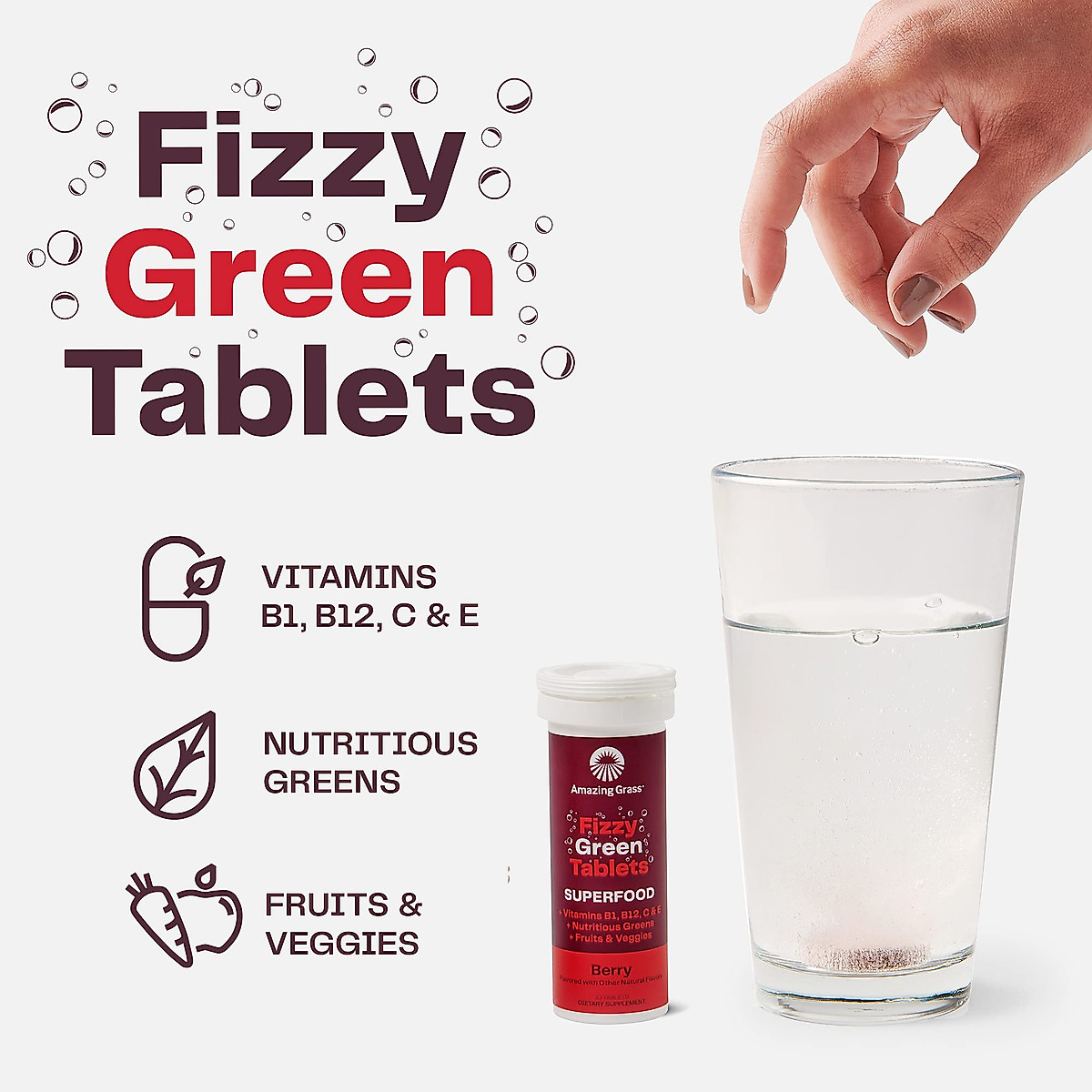Amazing Grass Fizzy Green Tablets Superfood: Green Superfood Water Flavoring Tablet with Antioxidants & Alkalizing Greens, Berry, 10 Count (Pack of 3)