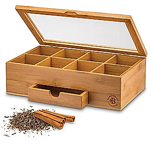 Bambüsi Bamboo Tea Box Organizer - Premium Wood Tea Chest with Slide-Out Drawer & Acrylic Window, Magnet Lid Keeps Teabag Fresh - Countertop & Cabinet Organization (Teabags Not Included) | Gift Idea