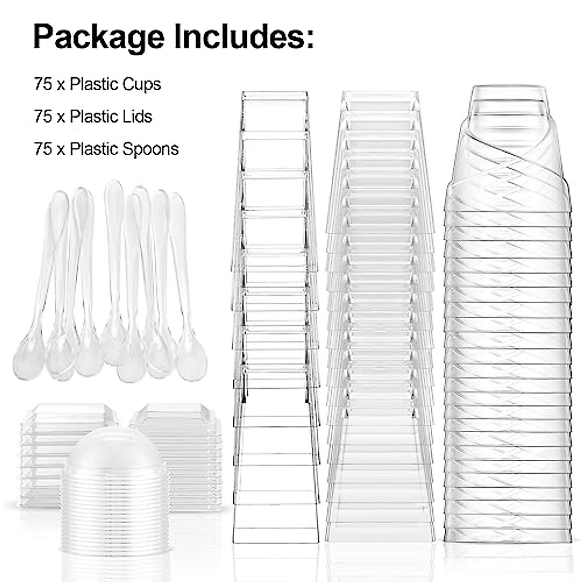 EASERCY 75 Pack 3 oz / 4.8 oz / 5 oz Plastic Dessert Cups with Lids and Spoons, Parfait Cups with Lids Appetizer Cups for Party, Mini Dessert Cups with Spoons for Pudding Fruit