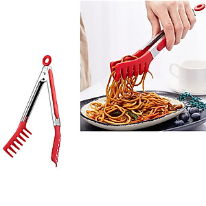 Red Stainless Steel Pasta Tong, Large 9" Stainless Steel Spaghetti Tongs, Comfortable Grip Design Pasta Server Utensil for Noodles Kitchen Cooking Baking Tools