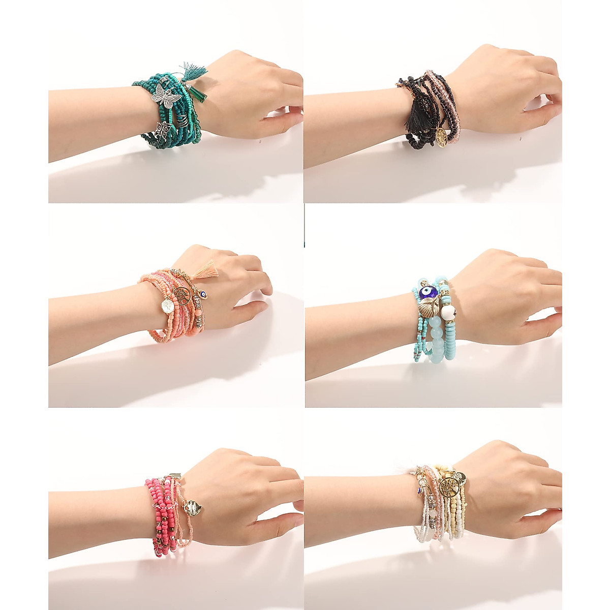 JOERICA 6 Sets Bohemian Stackable Beaded Bracelets for Women Multilayer Colorful Beads Handmade Bracelets Boho Bracelets Pack with Charm