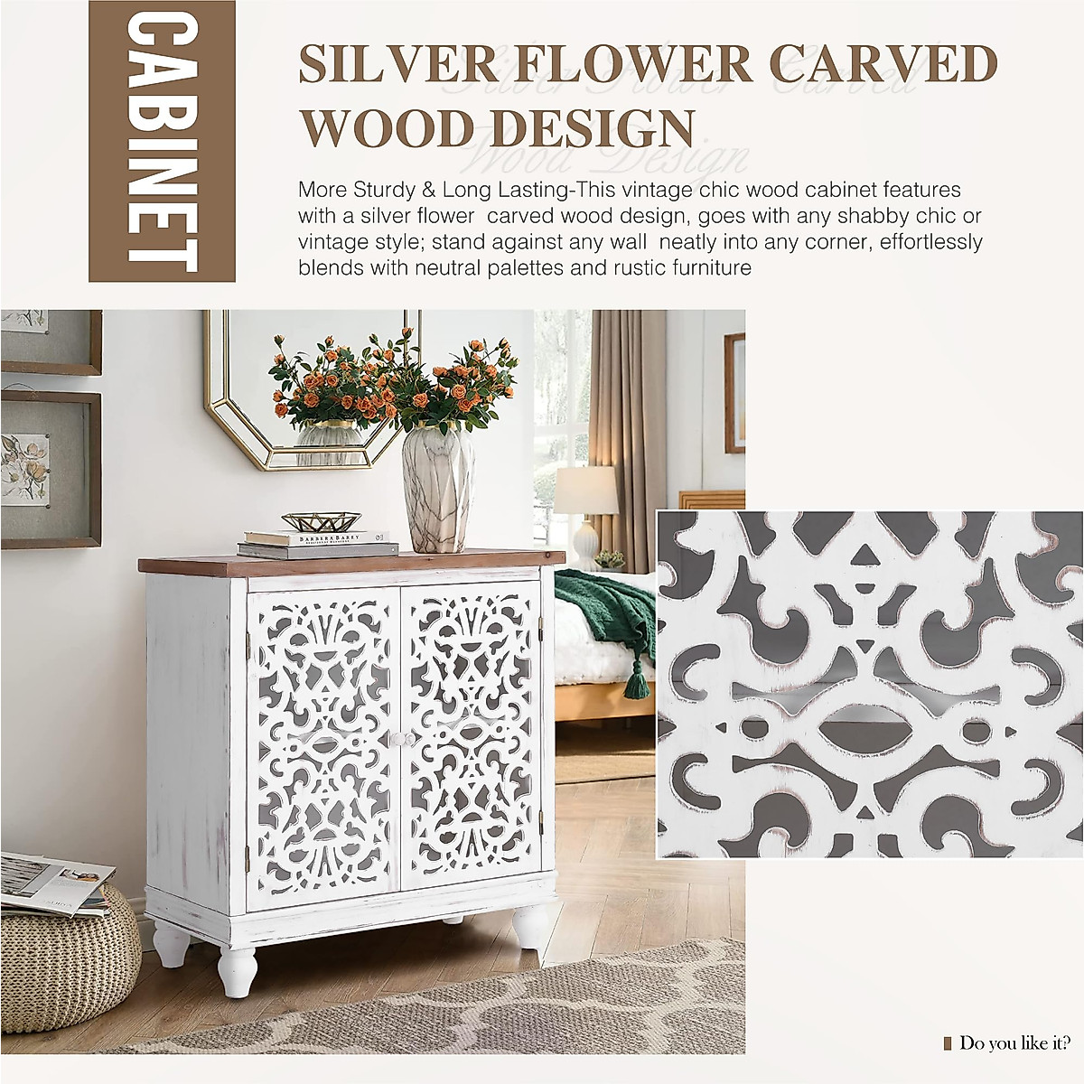 PHI VILLA Accent Cabinet with Doors Hollow-Carved Cabinet Farmhouse Antique Cabinet Credenza Buffet Cabinet for Entryway Living Room Storage Cabinet White