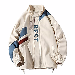 Aelfric Eden Men’s Motorcycle Jackets Varsity Jacket Vintage Letter Print Patchwork Jacket Beige Oversized Overcoats